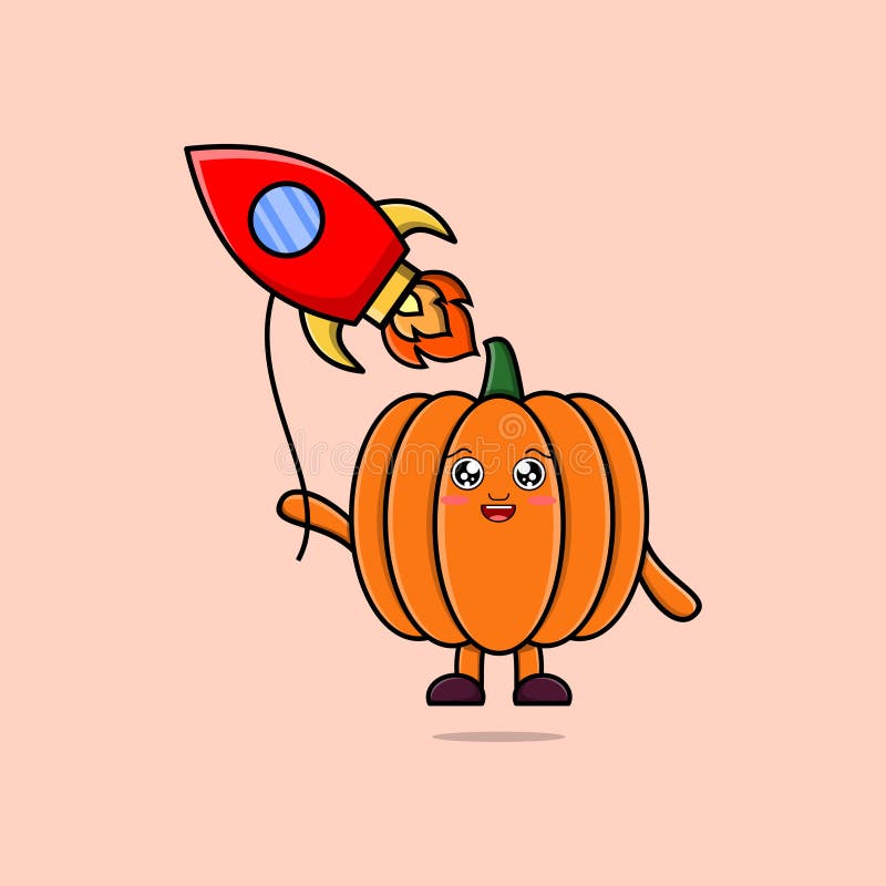 Cute Cartoon Pumpkin Floating with Rocket Balloon Stock Vector ...