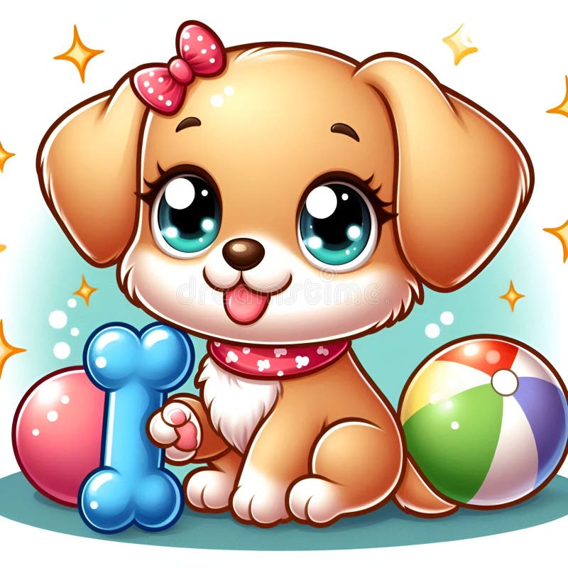 A Cute Cartoon Puppy with a Toy Bone Stock Illustration - Illustration ...