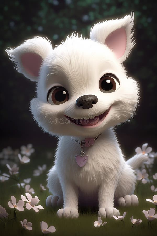 Cute Cartoon Puppy with White Fur. Satisfied Muzzle, Portrait of a ...