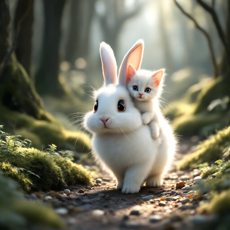 Cute Cartoon Rabbit Carrying a Kitten in a Forest Path Stock ...