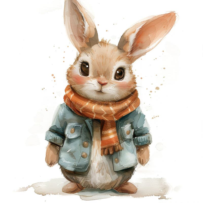 Cute Cartoon Rabbit in a Denim Jacket and Scarf Against a Light ...