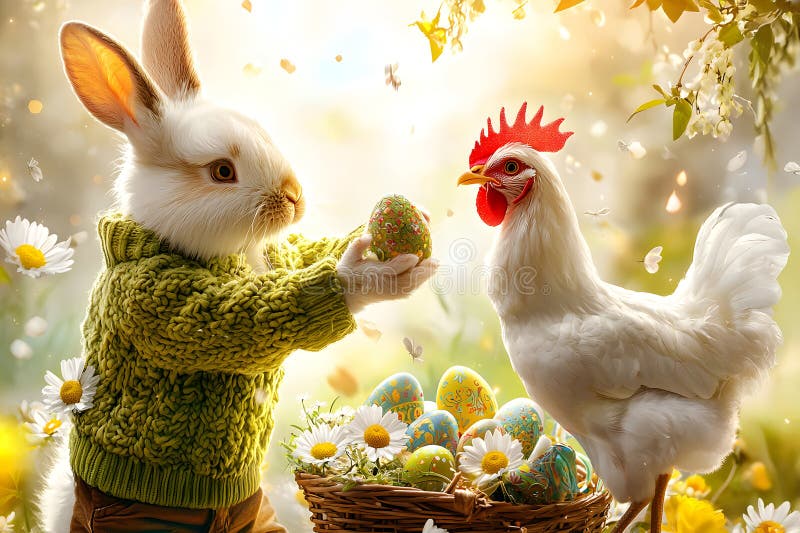 Cute Cartoon Rabbit with Easter Eggs in a Basket and a Chicken in a ...