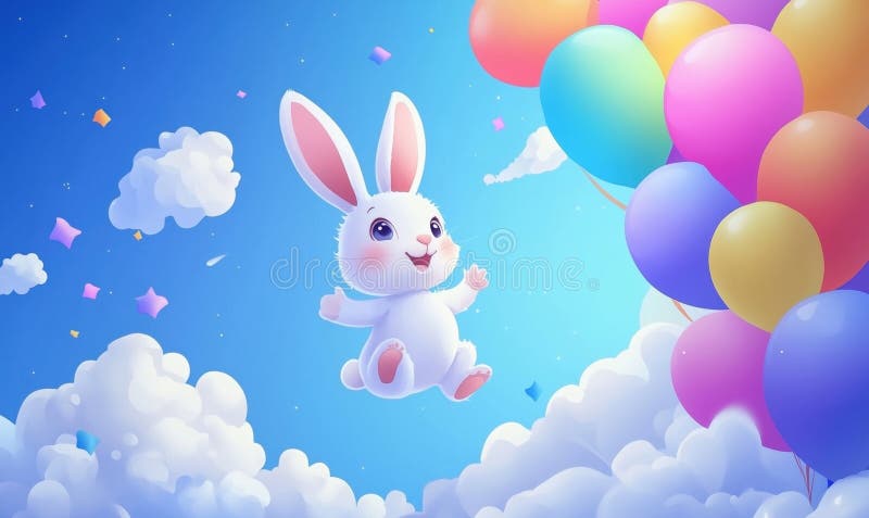 Cute Cartoon Rabbit Floating with Colorful Balloons in a Bright Sky ...