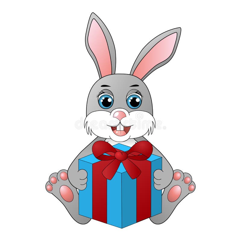 Cute Cartoon Rabbit with a Gift Box Stock Illustration - Illustration ...