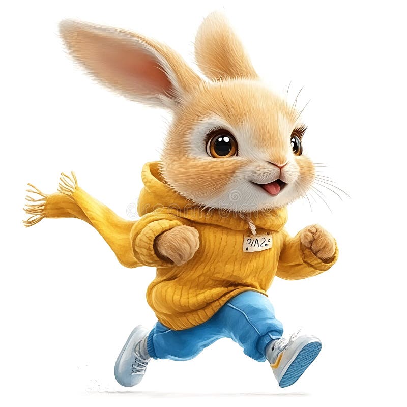 Cute Cartoon Rabbit Running in Yellow Sweater and Blue Jeans Stock ...