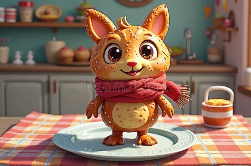 Cute Cartoon Rabbit with Scarf in Cozy Kitchen Setting Stock ...