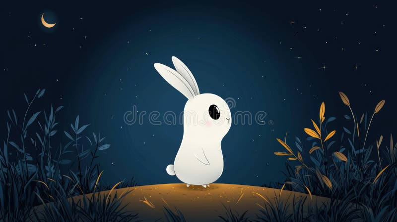 Cute Cartoon Rabbit Under a Starry Sky Surrounded by Gentle Foliage ...