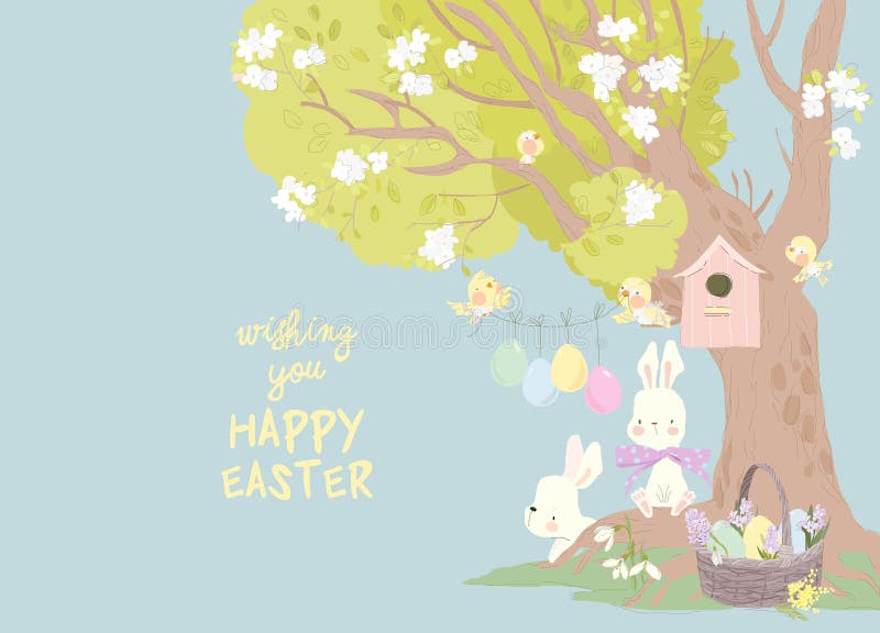 Cute Cartoon Rabbits Celebrating Easter in Spring Forest Stock Vector ...