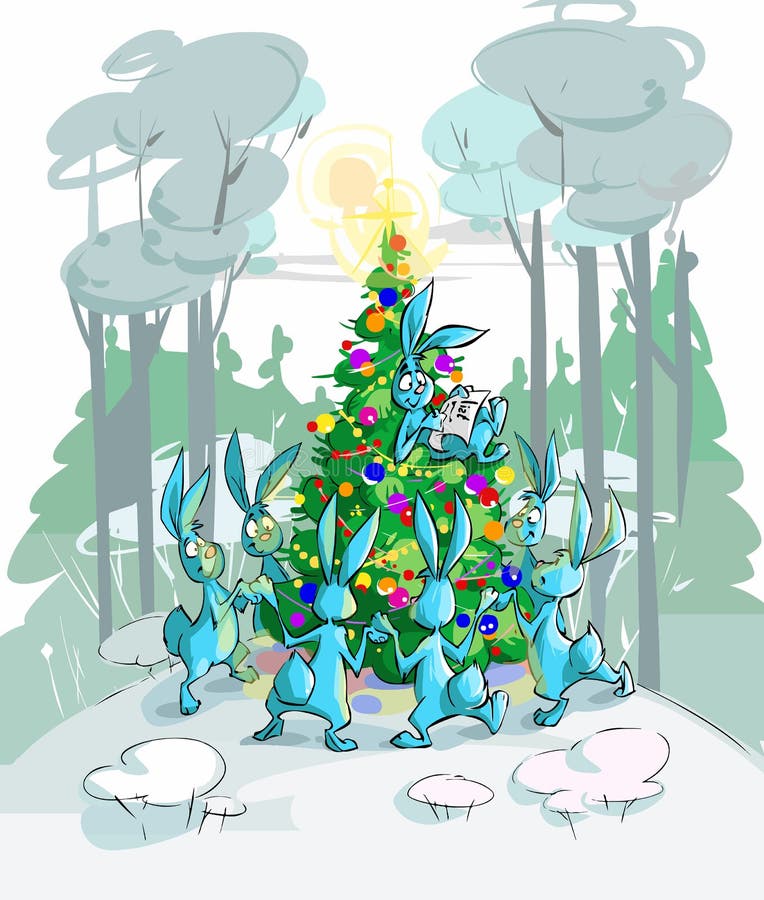 Cute Cartoon Rabbits Dance Around the Christmas Tree Christmas ...