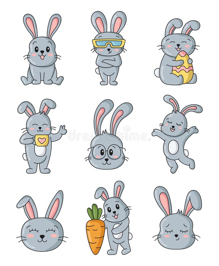 Cute Cartoon Rabbits. Funny Bunny Character Stock Vector - Illustration ...