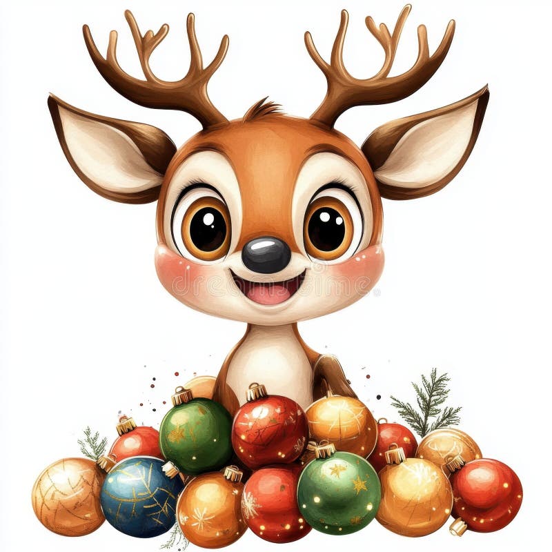 Cute Cartoon Reindeer Surrounded By Colorful Christmas Ornaments And