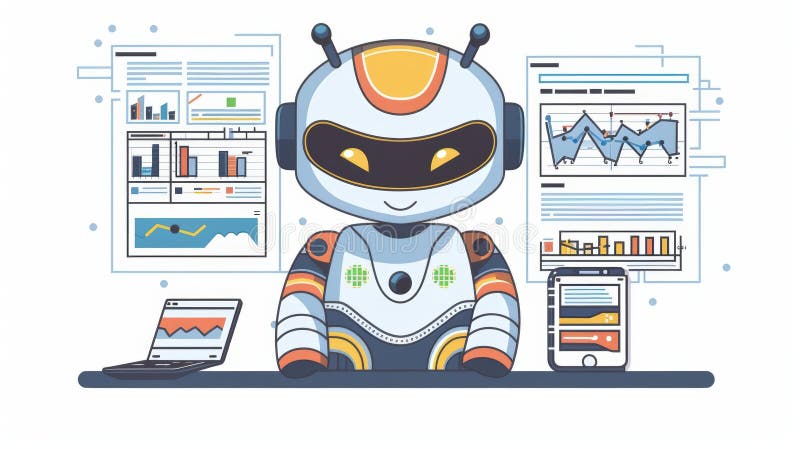 A Cute Cartoon of a Robot Analyzing Financial Data and Trends Stock ...