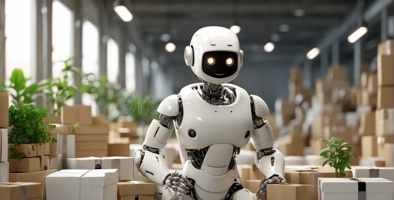 Cute Cartoon Robot with Boxes Stock Illustration - Illustration of ...