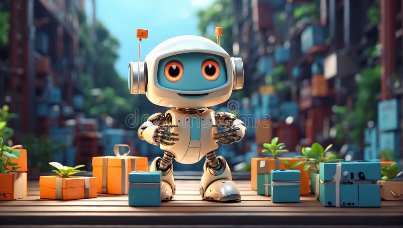 Cute Cartoon Robot with Boxes Design Factory Stock Illustration ...