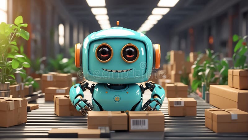 Cute Cartoon Robot with Boxes Design Factory Service Stock Illustration ...