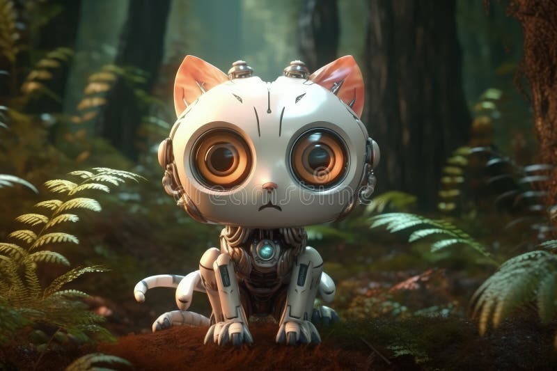 Cute Cartoon Robot Cat with Very Big Eyes Magic Forest. Generative AI ...