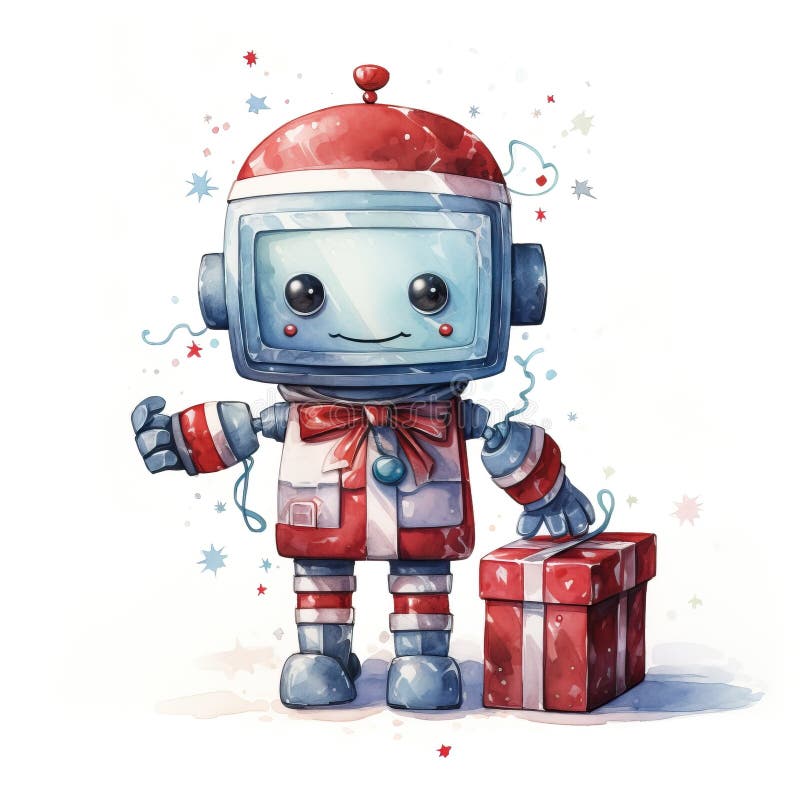 Cute Cartoon Robot with Christmas Present Stock Illustration ...