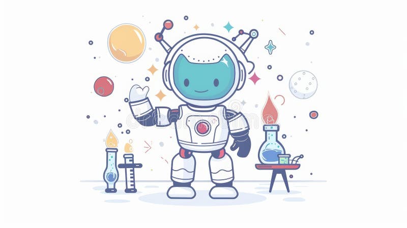 A Cute Cartoon of a Robot Conducting Scientific Experiments in Space ...