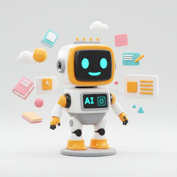 Cute Cartoon Robot with Floating Documents and Books Stock Illustration ...