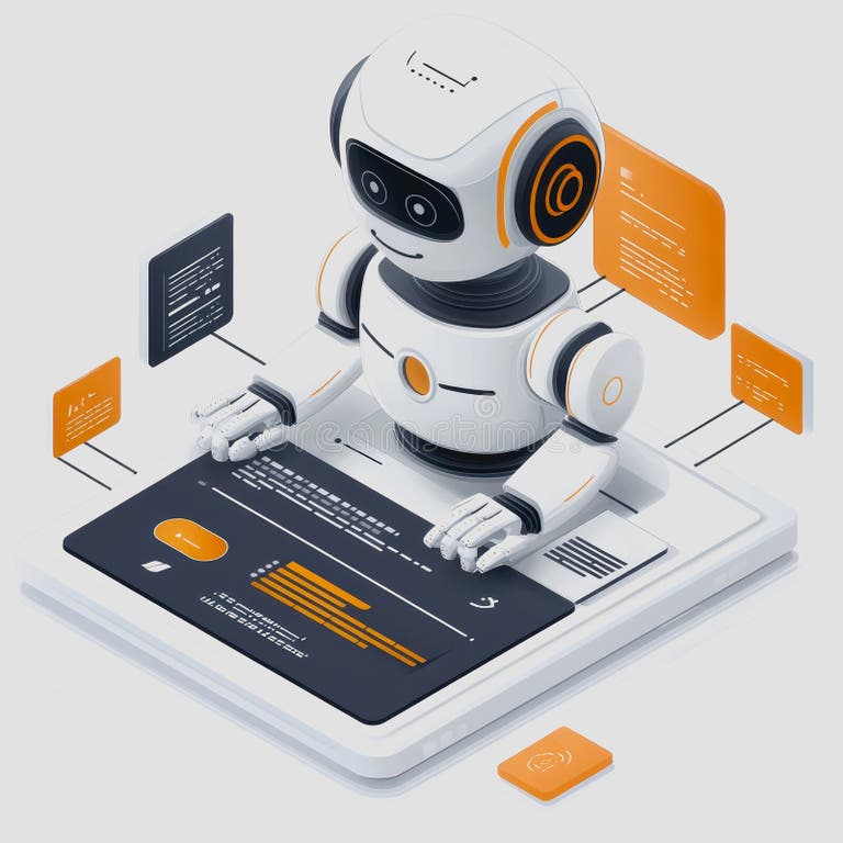 A charming cartoon robot engages with a digital interface, representing ...