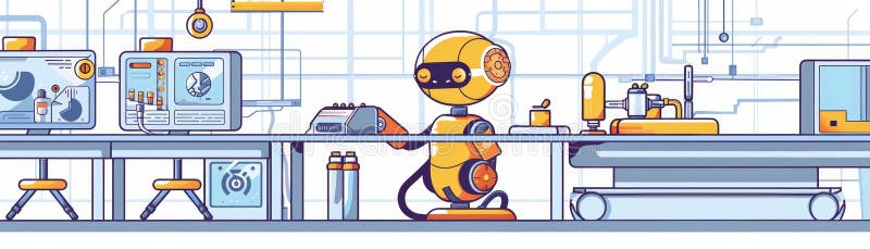 A Cute Cartoon of a Robot Managing a Smart Community Center Stock ...