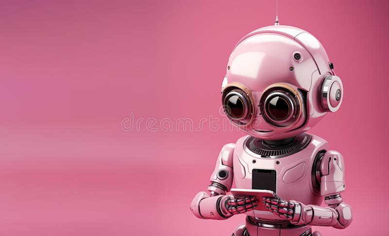 Cute Cartoon Robot with Phone Isolated on Pink Background. AI Chat Bot ...