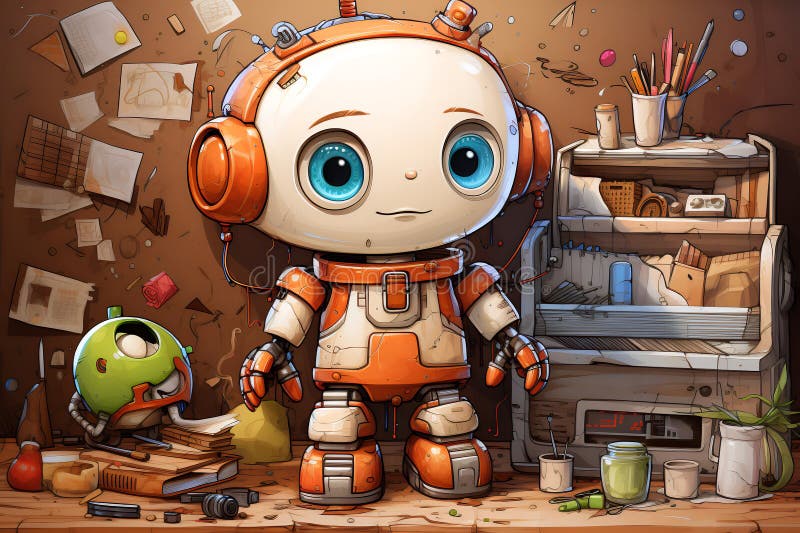 Cute Cartoon Robot Student. Drawing with Colored Pencils Stock ...