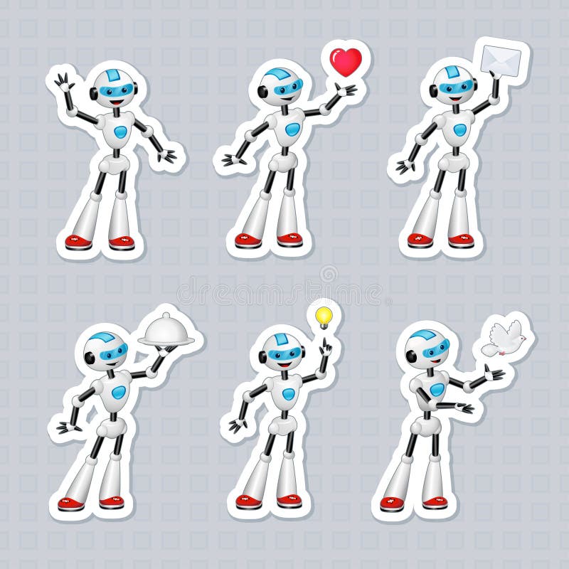 Cute Cartoon Robot in Various Poses Sticker Pack Stock Vector ...
