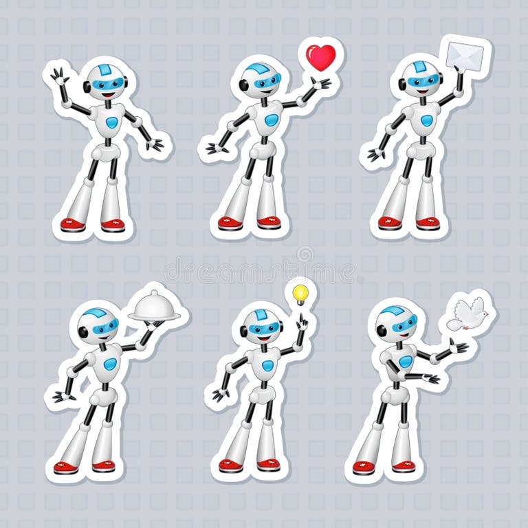 Cute Cartoon Robot in Various Poses Sticker Pack Stock Vector ...