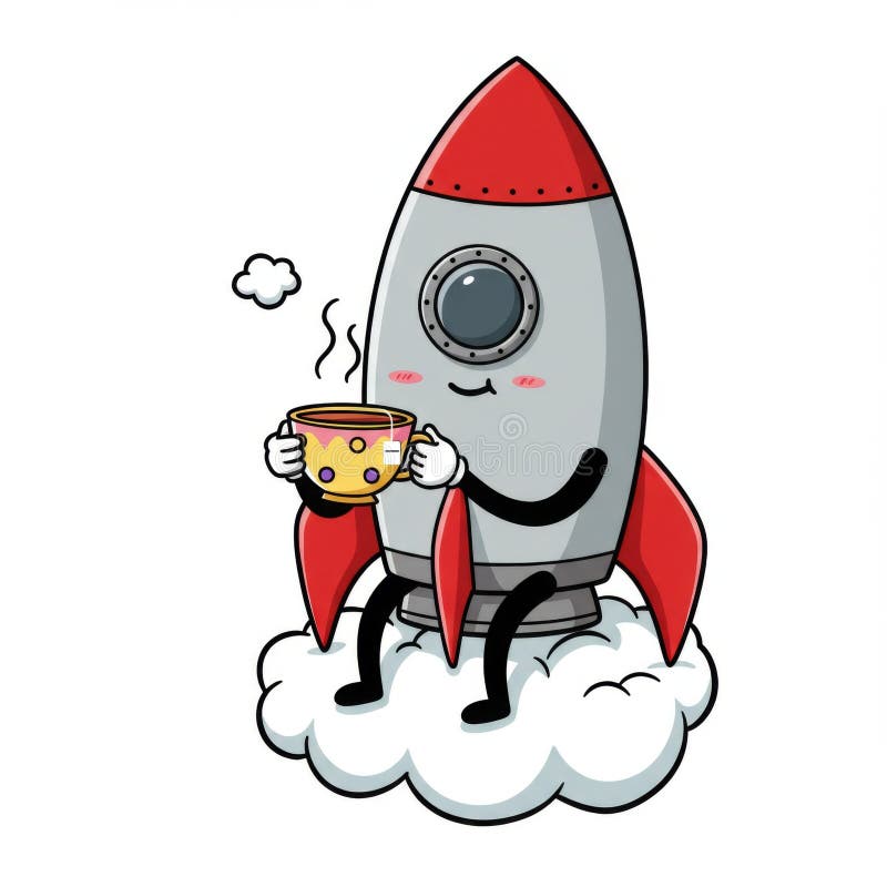 Cute Cartoon Rocket Drinking Tea on a Cloud Stock Illustration ...