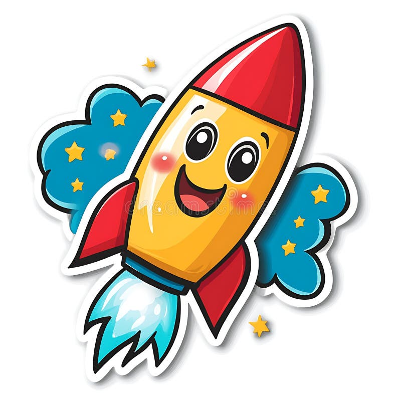 Cute Cartoon Rocket Launching into Space with Stars and Clouds Stock ...