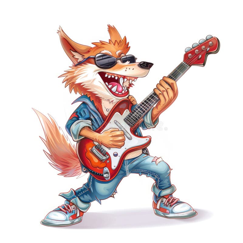 Cute Cartoon Rocking Wolf Cartoon Playing Electric Guitar Stock ...