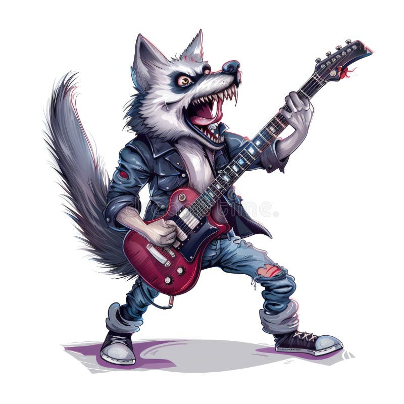 Cute Cartoon Rocking Wolf Cartoon Playing Electric Guitar Stock ...