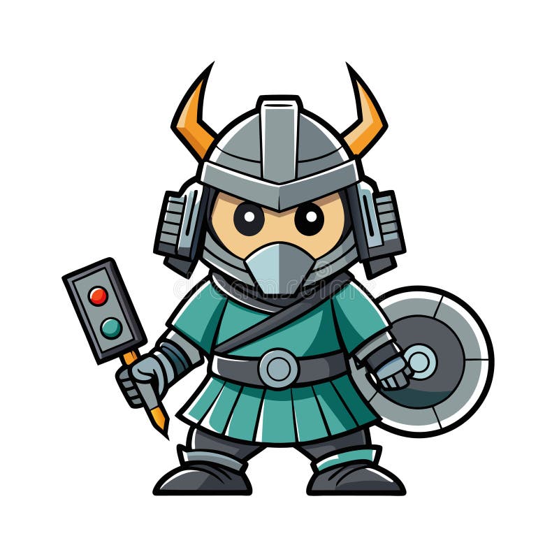 Cute Cartoon Samurai Warrior with Traffic Light Sword and Shield ...