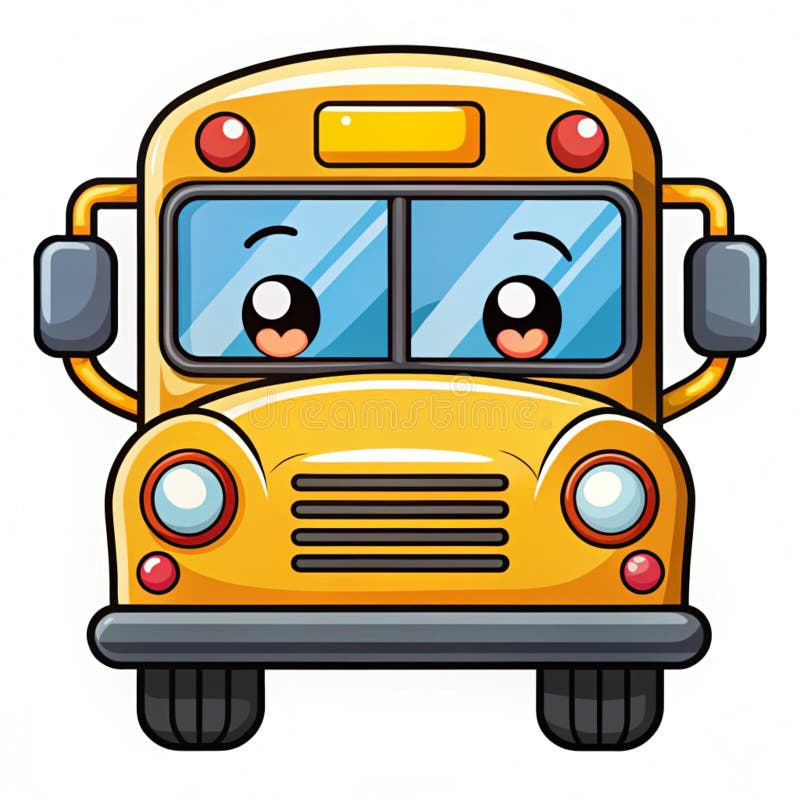 Cute Cartoon School Bus, Front View, White Background, Education Stock ...