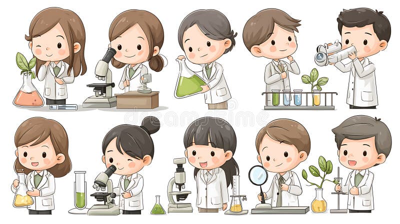 Cute Cartoon Scientists Conducting Experiments in a Laboratory Setting ...