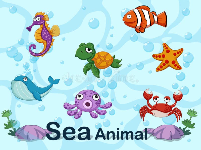 Cute Cartoon Sea Animals Underwater. Vector Illustration Set of ...