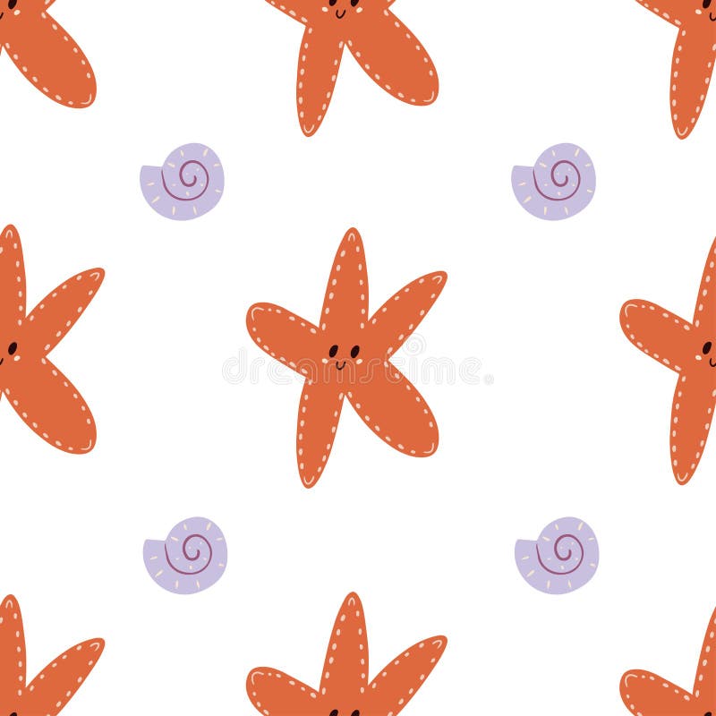 Cute Cartoon Sea Star and Shells Seamless Pattern Stock Vector ...