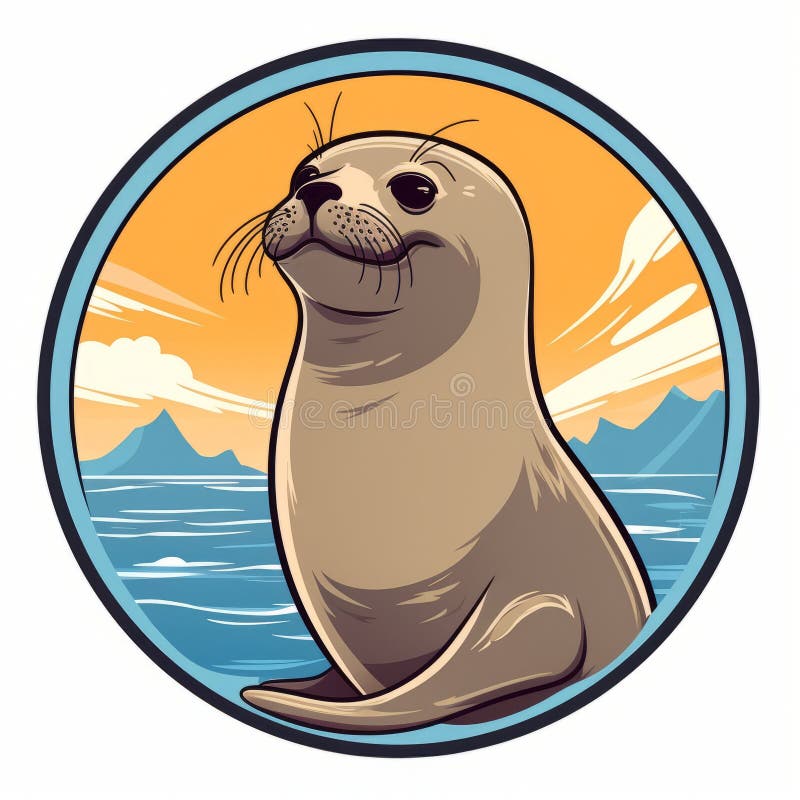 Cute Cartoon Seal with an Orange Sunset Background Stock Image - Image ...