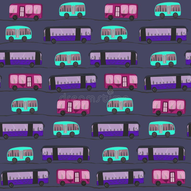 Cute Pattern Wit Color Buses in the Night Stock Illustration ...