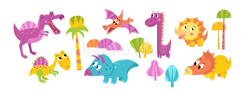 Cute Cartoon Set Dinosaurs. Flat Stylised Isolated Simple Illustration ...