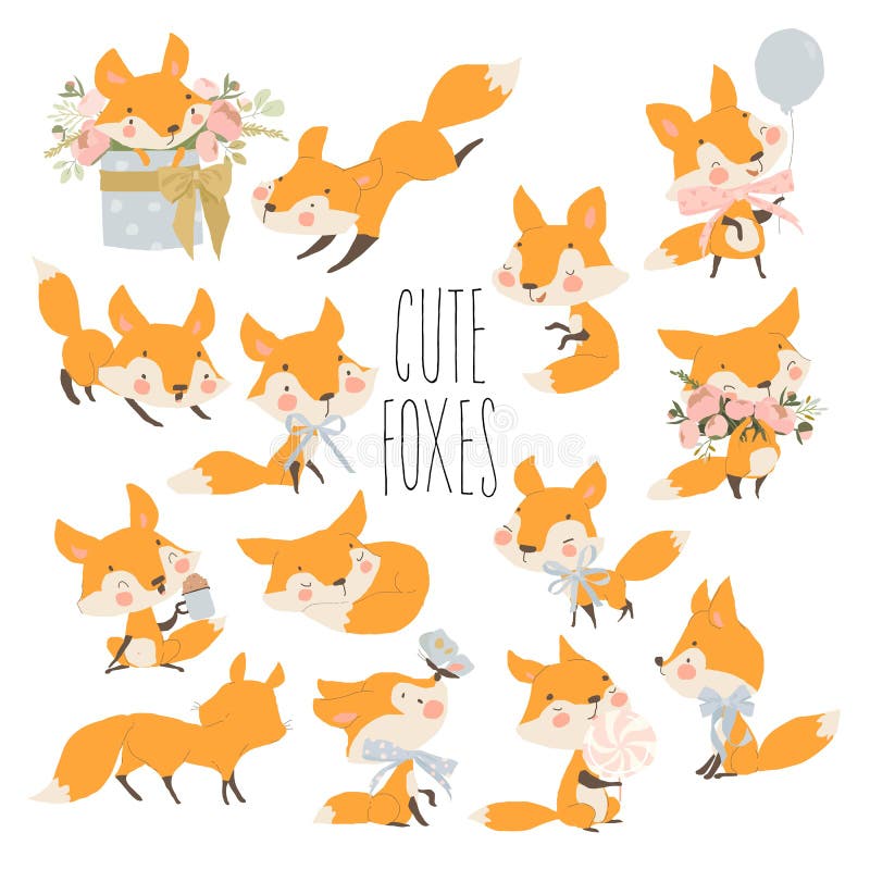 Cute Cartoon Set with Funny Red Foxes on White Background Stock Vector ...