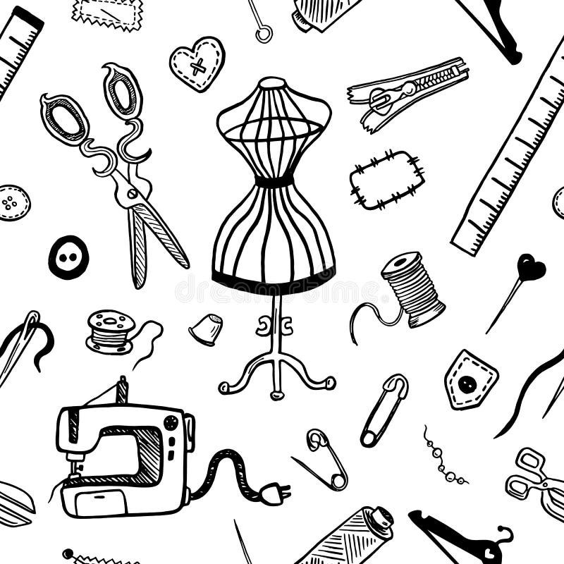 Cute Cartoon Sewing Tools Seamless Pattern. Zipper, Needle and Thread ...