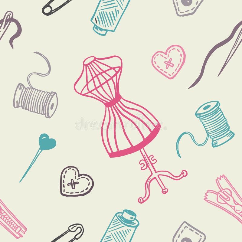 Cute Cartoon Sewing Tools Seamless Pattern. Zipper, Needle and Thread ...