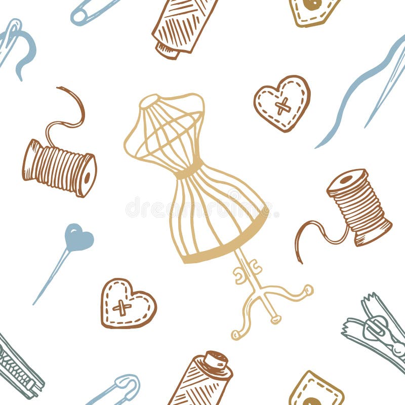 Cute Cartoon Sewing Tools Seamless Pattern. Zipper, Needle and Thread ...