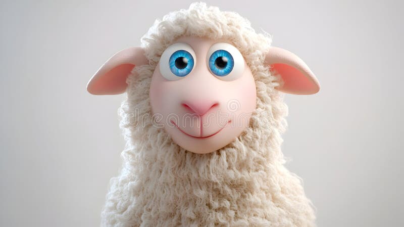 Cute Cartoon Sheep with Blue Eyes and Fluffy Wool on Neutral Background ...