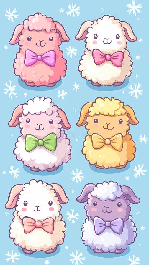 Cute Cartoon Sheep with Bows in Pastel Colors on a Light Blue ...