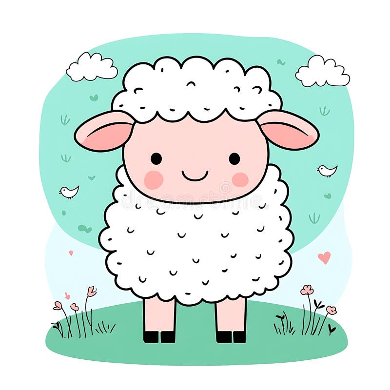 Cute Cartoon Sheep in a Green Meadow Stock Illustration - Illustration ...
