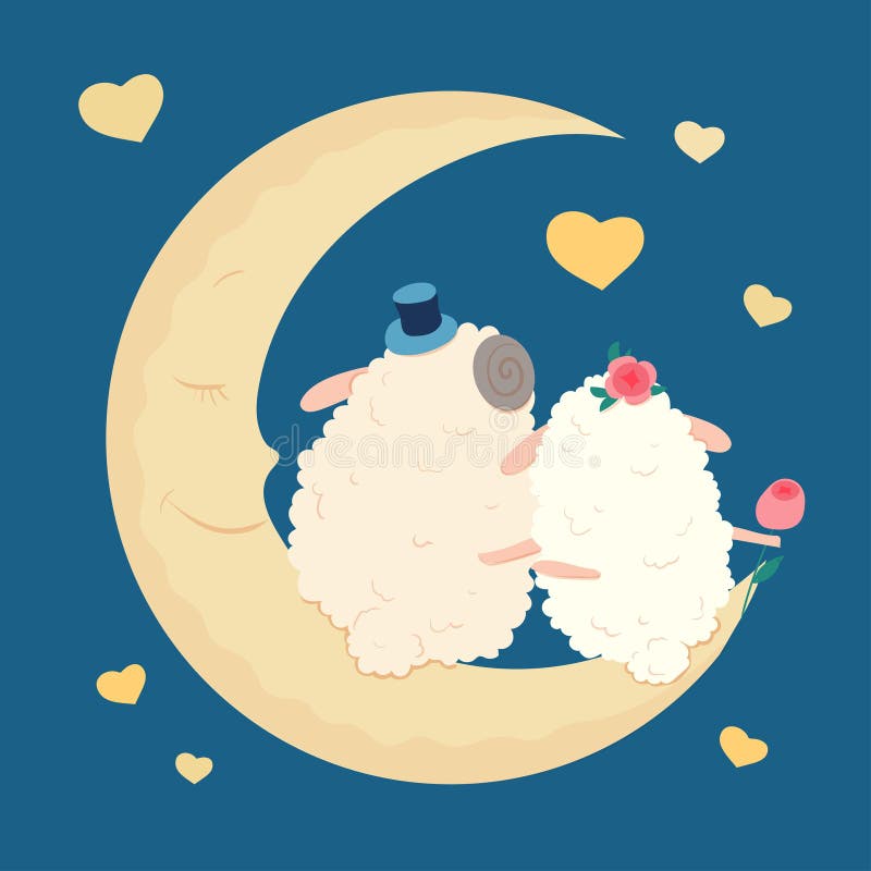 Cute Cartoon Sheep in Love on the Moon. Vector Illustration Stock ...