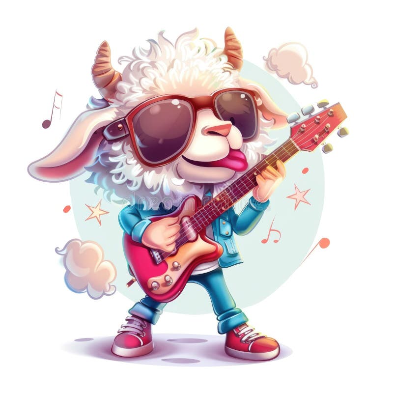 Cute Cartoon Sheep Playing Electric Guitar with Sunglasses Stock ...